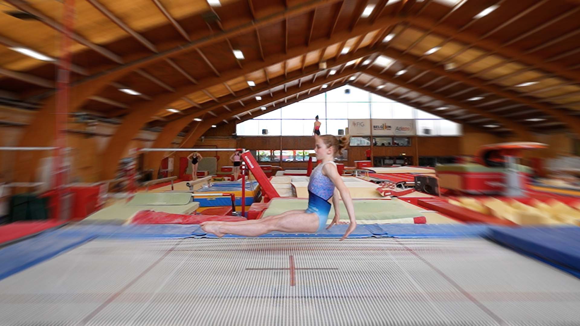 Slow motion videos of the seat drop in the trampoline